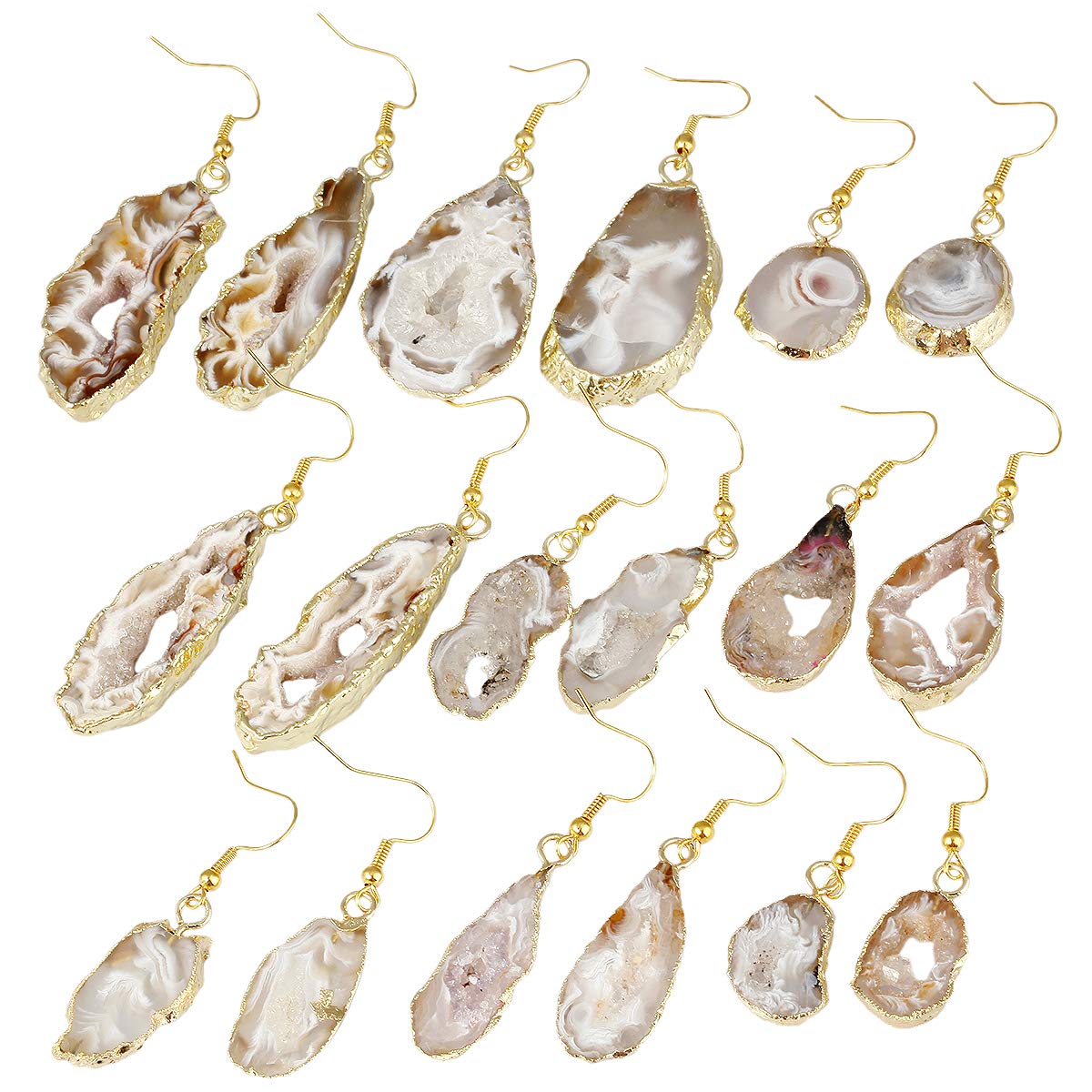 Nupuyai Natural Stone Drop Earrings for Women, Druzy Agate Geode Crystal Quartz Dangle Hook Earrings, Gold Plated, Pack of 2
