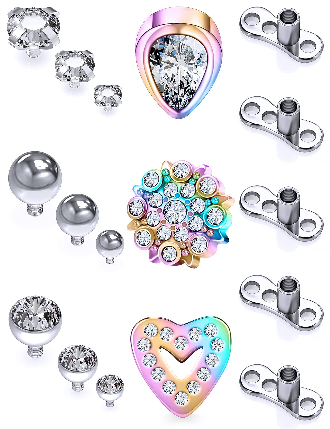 Vsnnsns 14G Dermal Piercing Jewelry Anchor Tops Dermal Tops Titanium Base Microdermals Piercing for Women Men Internally Threaded Dermal Anchor Tops CZ 2mm 3mm 4mm Ranibow