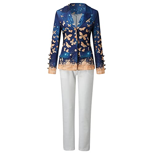 Womens 2PC Casual Fashion Printed Thin Jacket Slim Coat Long Sleeve Blazer Office Office Suits for Women Two Piece Set Blue