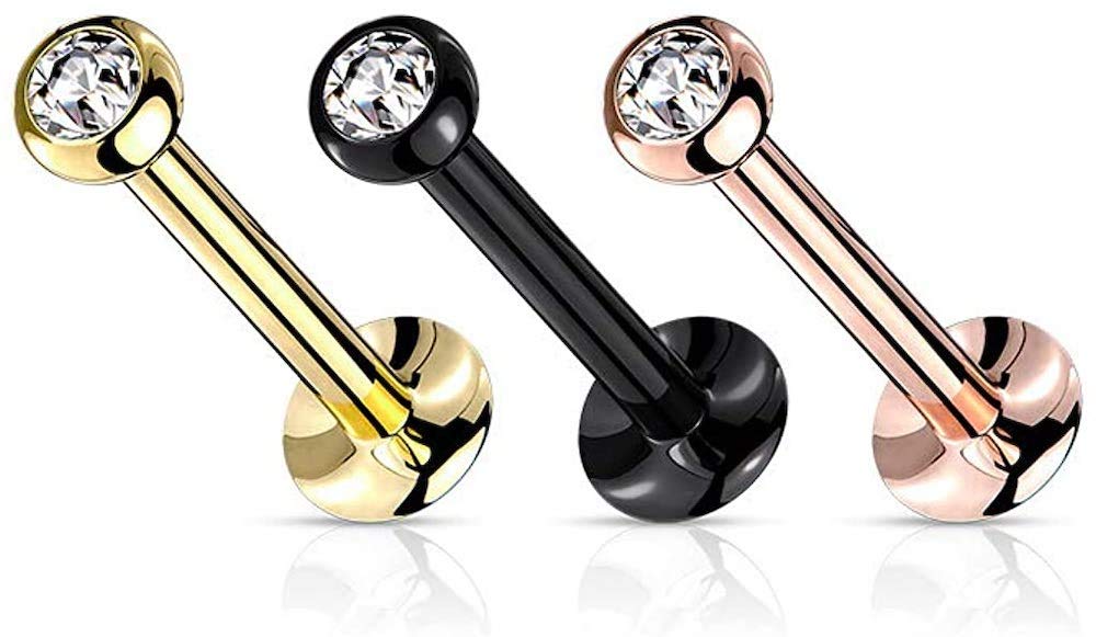 Push in Jeweled Ball Top PVD Over 316L Surgical Steel Threadless Labret, Monroe, Flat Back Stud (20GA (0.8mm), Length: 1/4" (6mm), Ball: 2mm, Rose Gold)