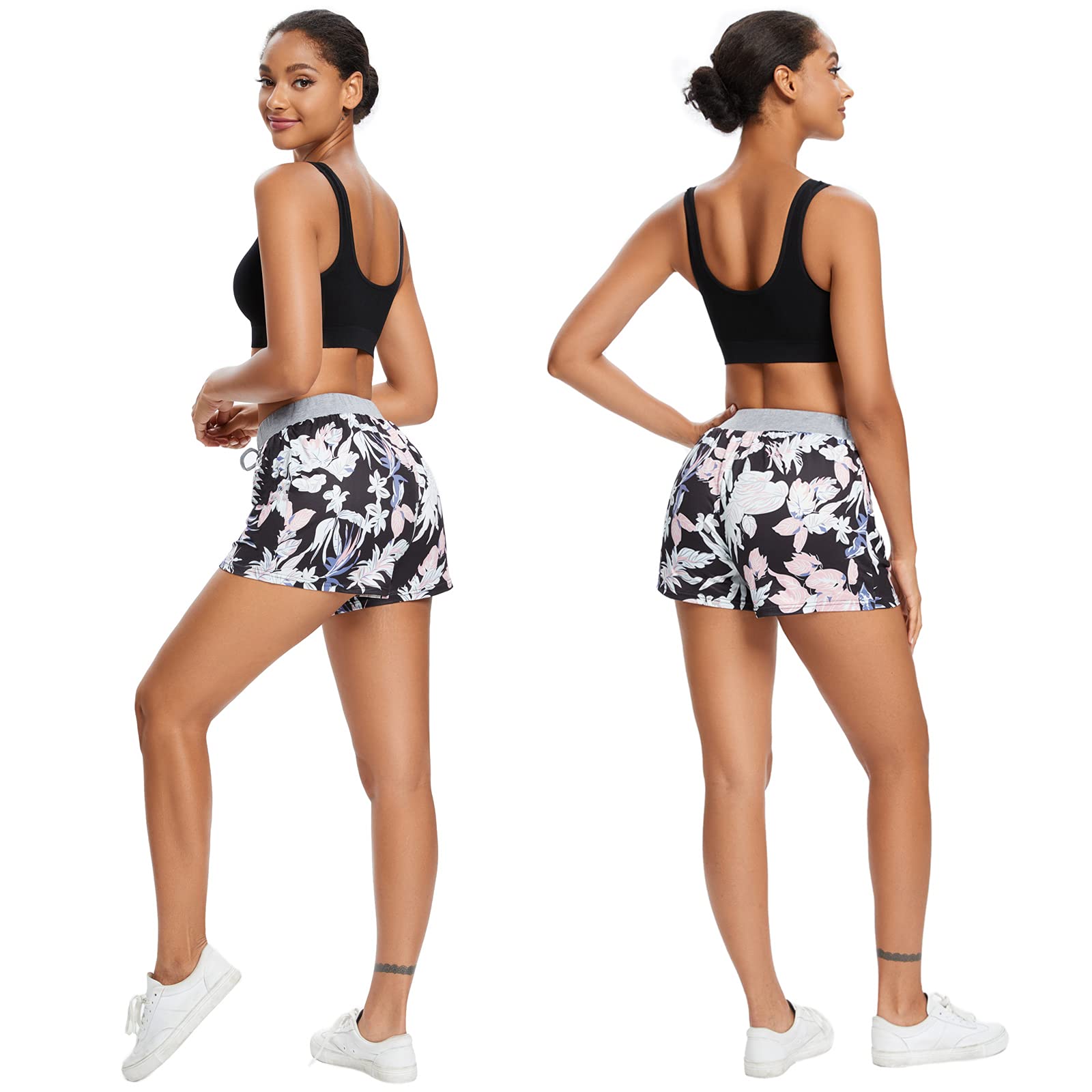Vegove Women Drawstring Lounging Shorts with Pockets Sport Yoga Casual Activewear Short (2 Pack Floral, X-Large)