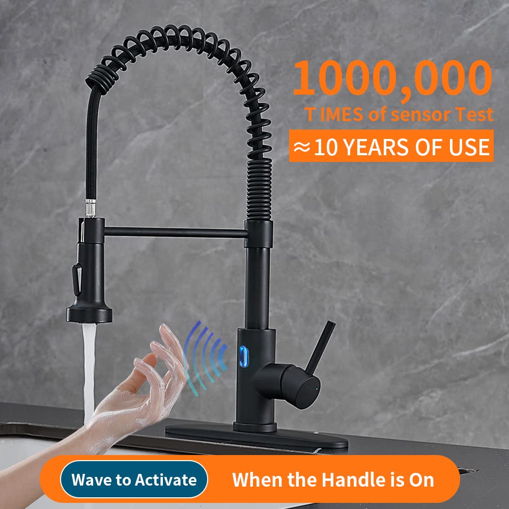 OWOFAN Touchless Kitchen Faucet with Pull Down Sprayer LED Light Single Handle Kitchen Sink Faucet Motion Sensor Smart Hands-Free, Stainless Steel Black 1078R
