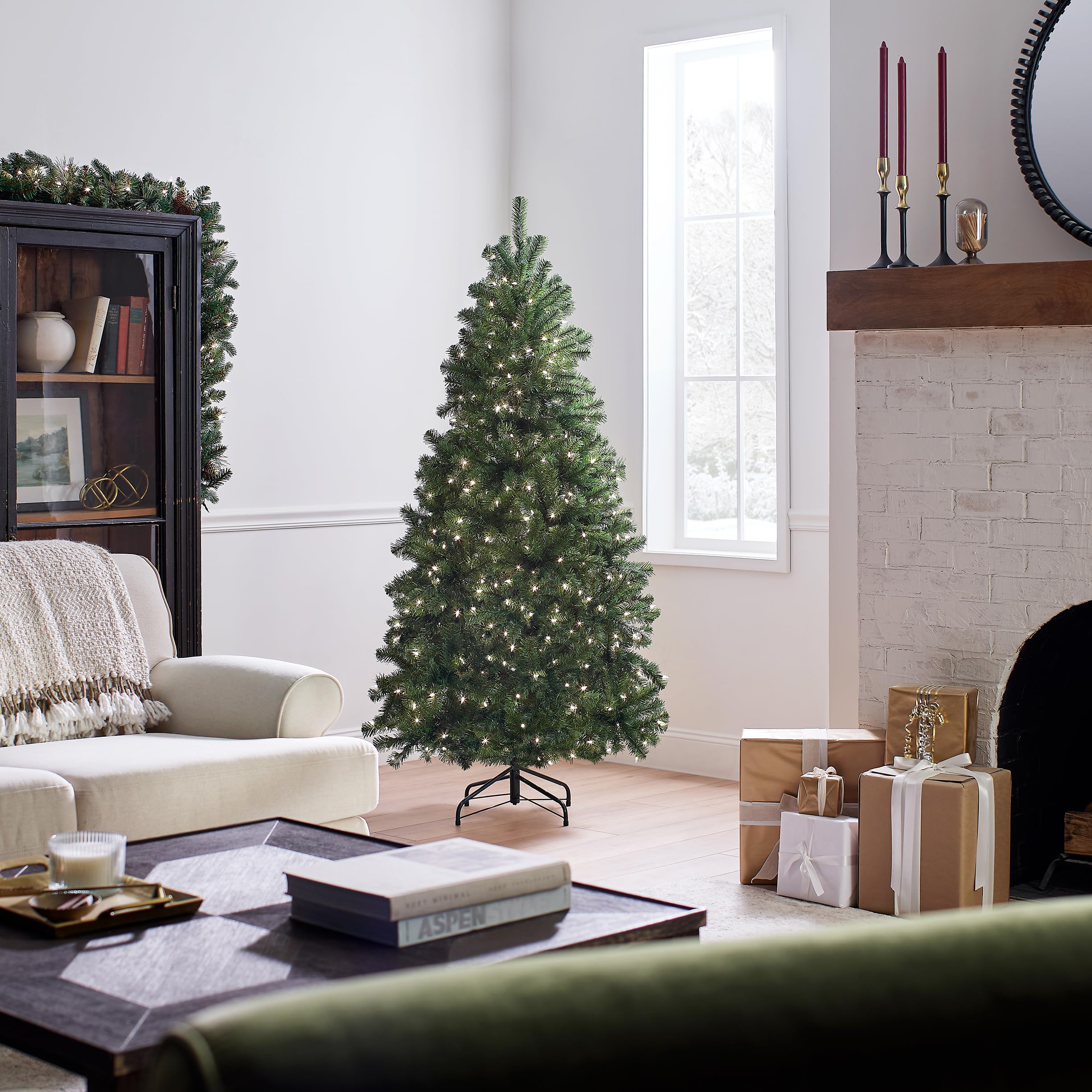 National Tree Company Pre-Lit Artificial Full Christmas Tree, Green, North Valley Spruce, White Lights, Includes Stand, 6 Feet