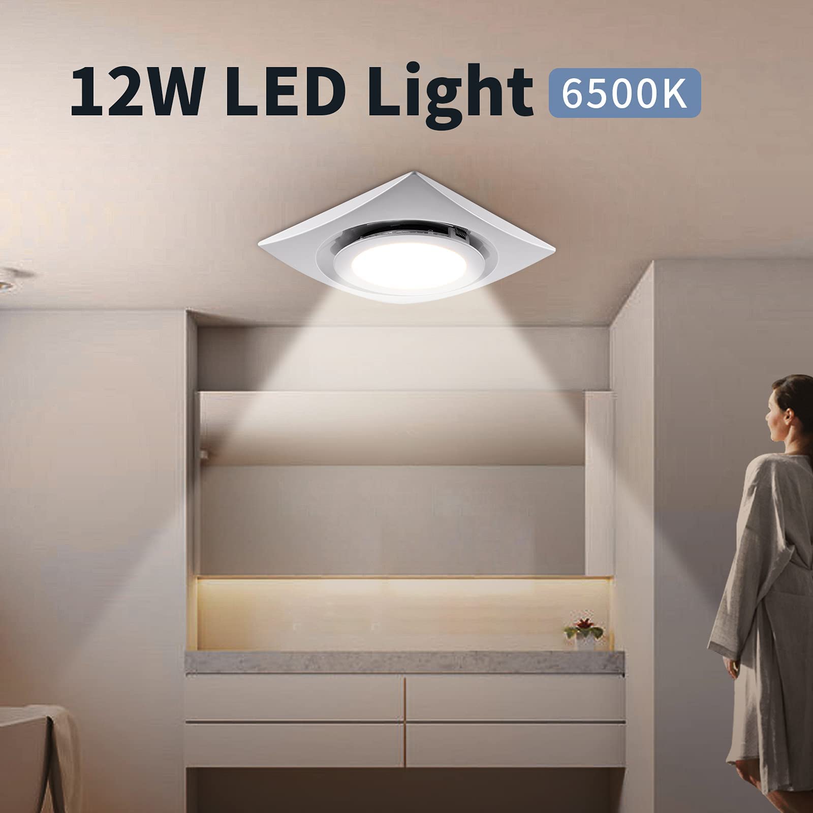 Zeyzer Bathroom Exhaust Fan with Light LED Square Quiet Ceiling Mount Ventilation Fan Combination for Bathroom/Shower/Restroom/Home/Office, 110 CFM 1.0 Sones 4 Inches Duct 110V, White