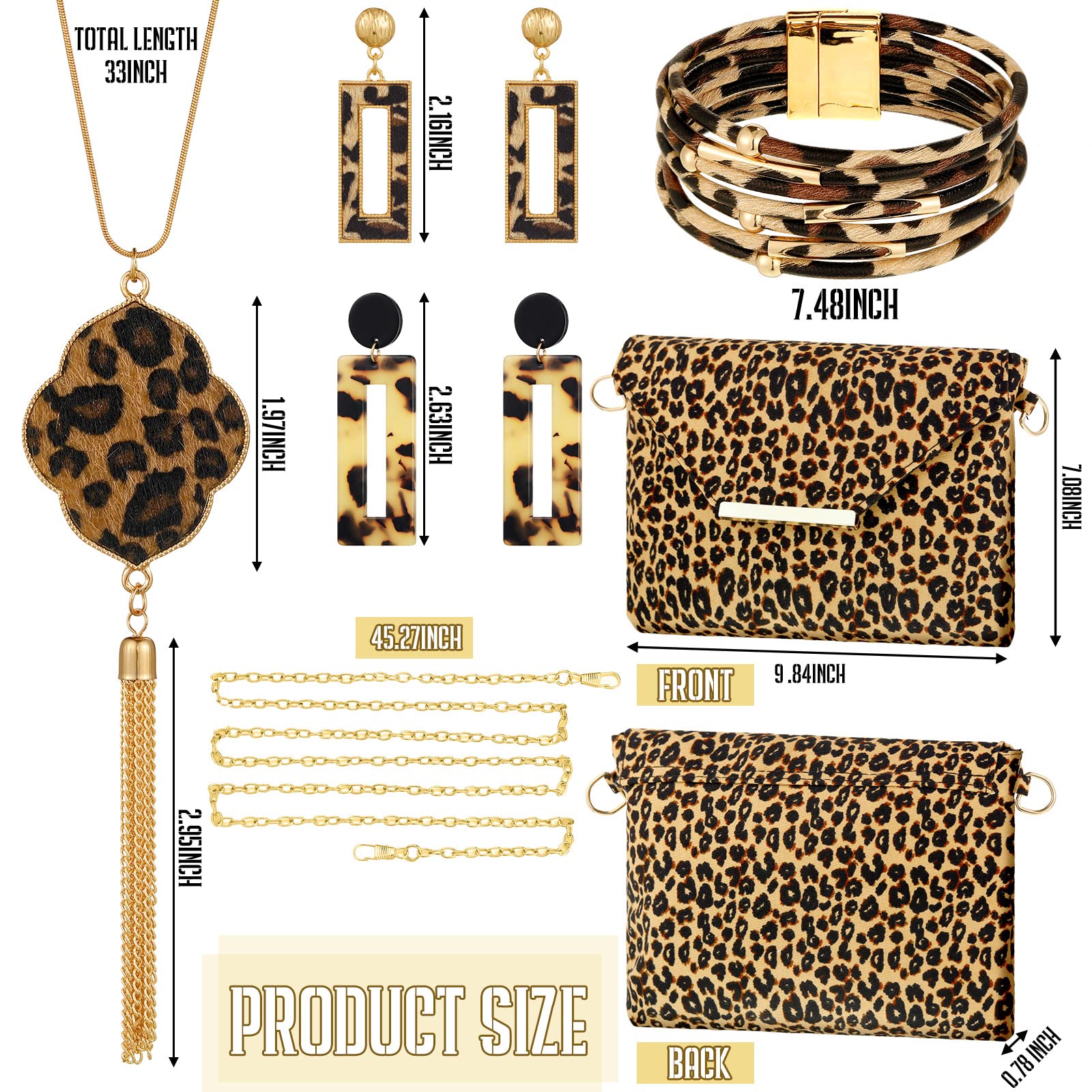 Sotiff 5 Pcs Women Leopard Jewelry Set Statement Leopard Clutch Purse Earring Leather Wrap Bracelets Long Tassel Pendant Necklace (Classic)