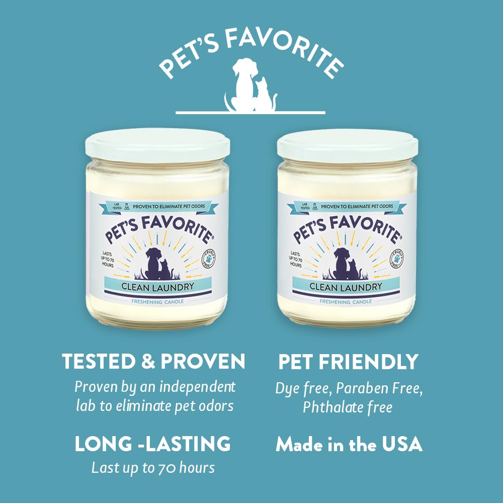 Pet's Favorite - Tested & Proven - Odor Eliminating Candle, Pet-Friendly Scented Candle, in 7 Great Fragrances β 70-Hour Burn Time, Cotton Wick (Fresh Laundry, Pack of 2)