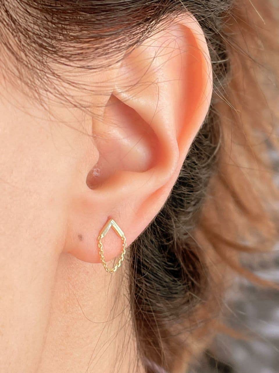 Solid 14K Gold Chevron Stud Earrings - Minimalist Gold Chain Earrings, Geometric Dainty Gold Earrings For Women, Gold Short Dangle Earrings