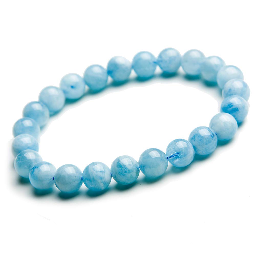 Muko Gemstone Genuine Natural Blue Aquamarine Clear Crystal Stretch Round Bead Bracelet 8mm for Women Men AAAA