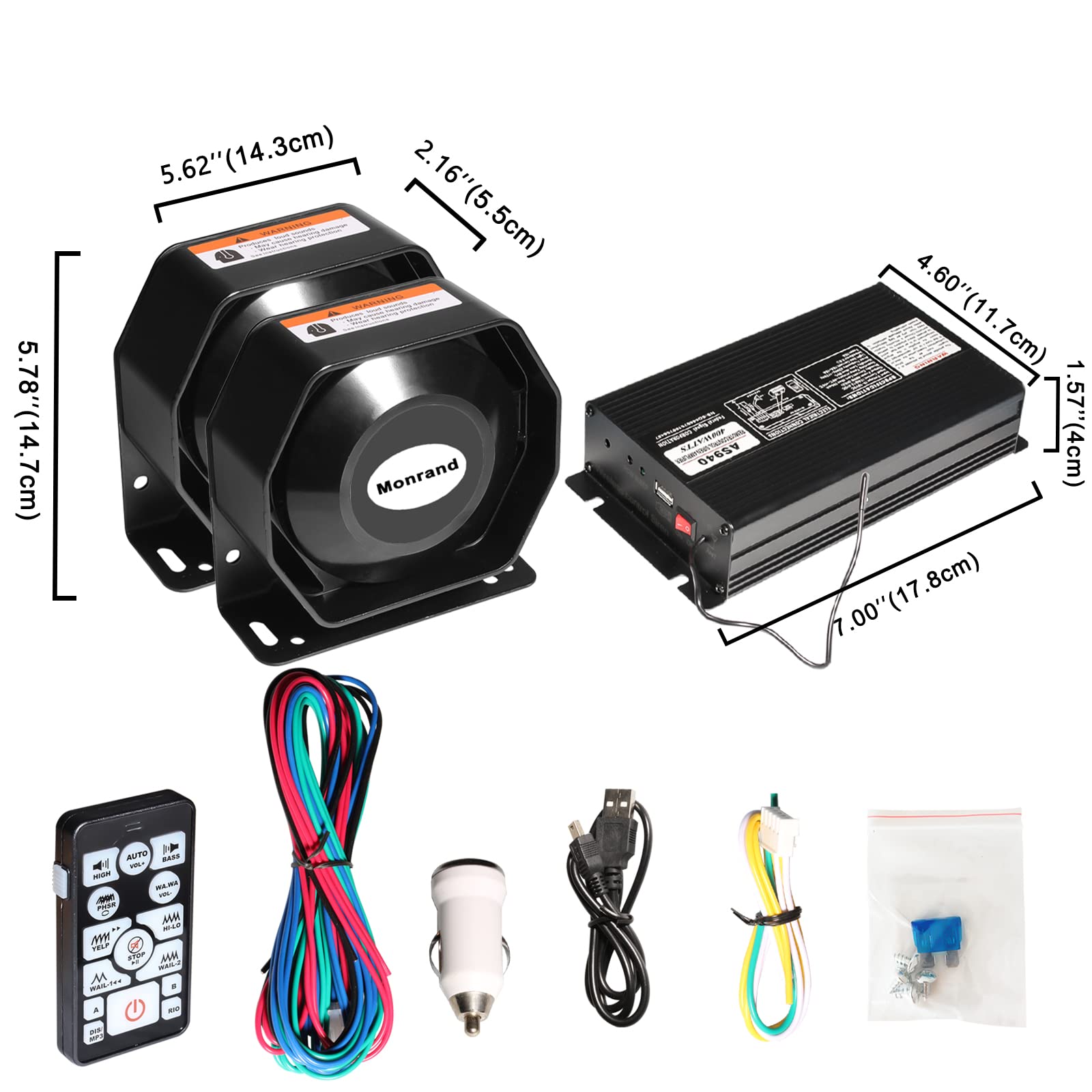 Monrand 400W Police Siren Emergency System, 12V 18 Tones 400W Amplifier PA Speaker System ,130db Two Ultra Slim 400 Watt Lound Siren Speaker with Remote Control Fit for Police Car ATV Truck Engineer