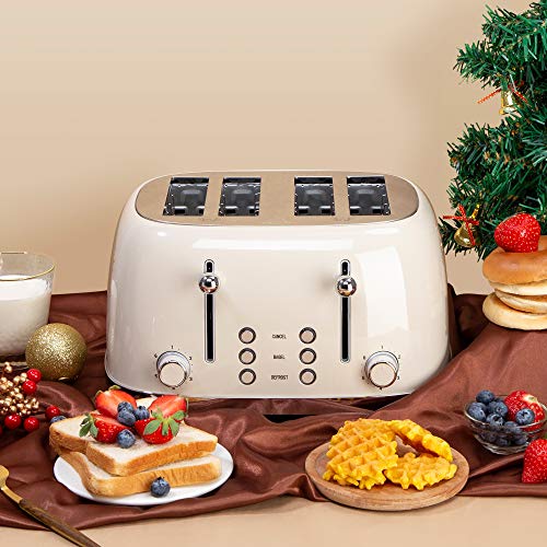 REDMOND 4 Slice Toaster Retro Stainless Steel Toasters with Bagel Defrost Cancel Function, 6 Browning Settings, Cream, ST033 WT-340C