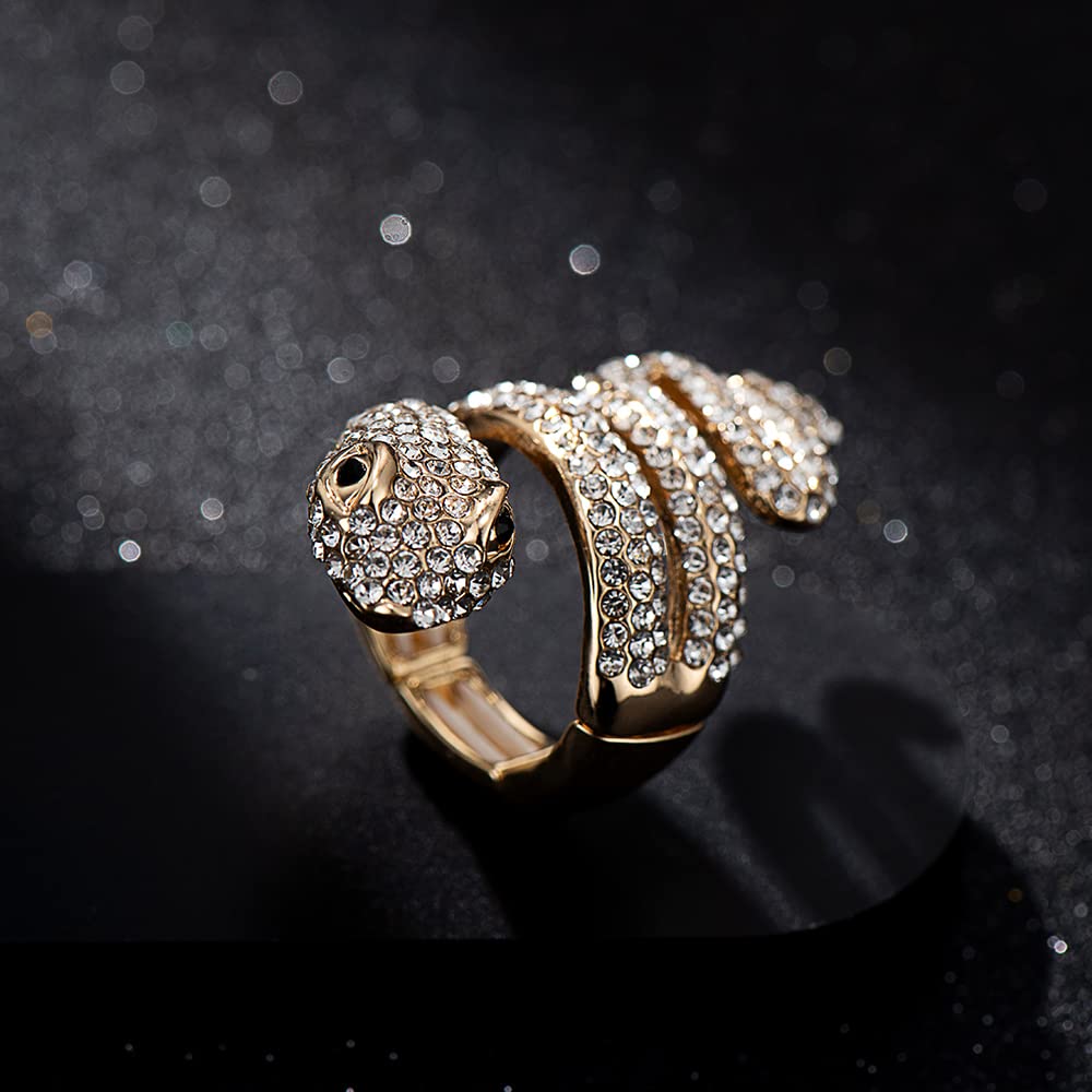 Snake Design Full Rhinestone Gold Plated Free Size Stretch Rings for Women Personalized Ring (Gold Plated)