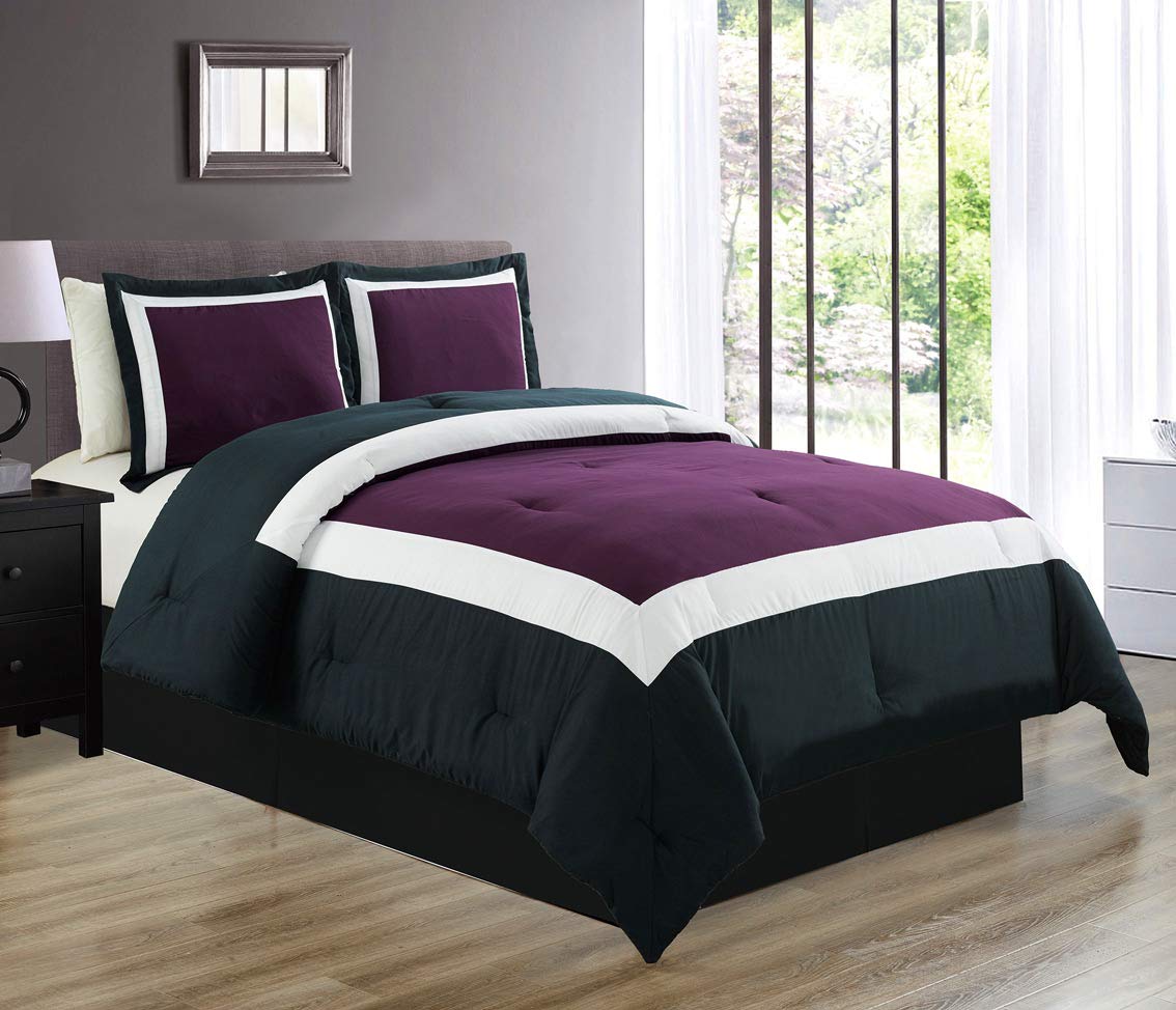 Modern 4 - Piece Color Block Purple, Black, White Grommet Curtain Set Drapes/Window Panels 120" Wide X 84" Tall