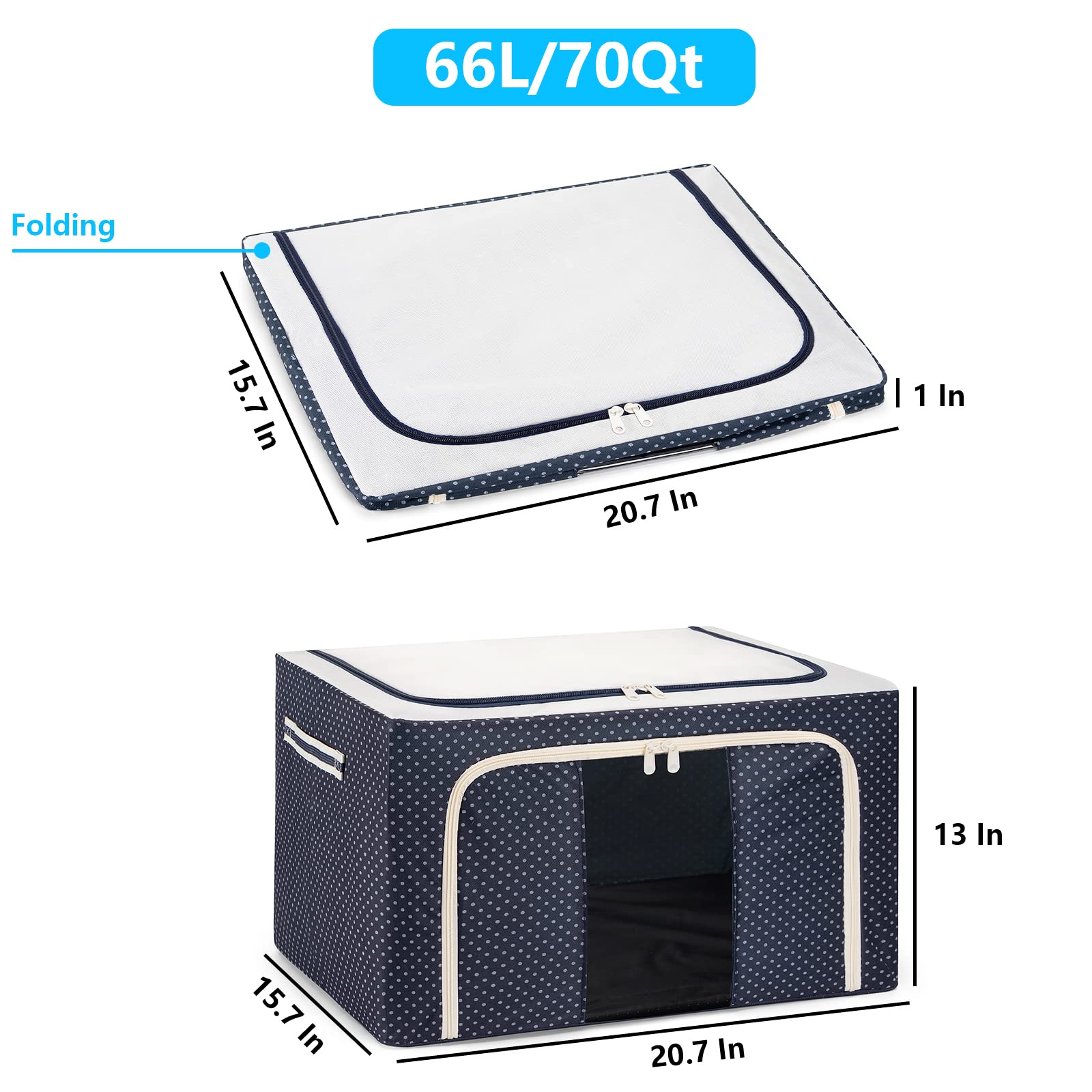 RPS-IND 3Pack，(Grey 66L) Foldable Clothes Storage Containers Bins, Steel Frame Structure, Oxford Cloth, Transparent Window and Reinforced Hand。Fabric Storage Bins，Storage Bins with lids