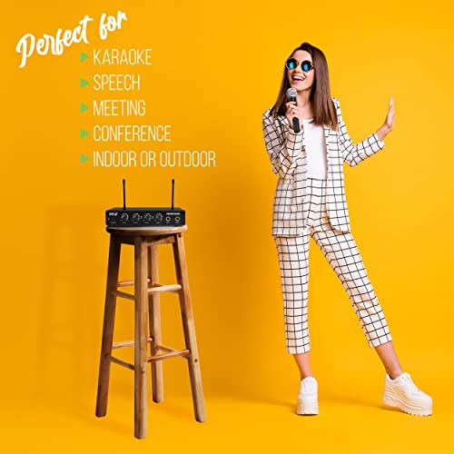 Pyle Wireless Karaoke Microphone System - Portable Audio Sound Mixer Receiver Set w/Dual Mic Setting, Two Handheld Mics, 3.5mm AUX & RCA Cord - for DJ Sound, Home Party, & Theater - PDKWM102UM