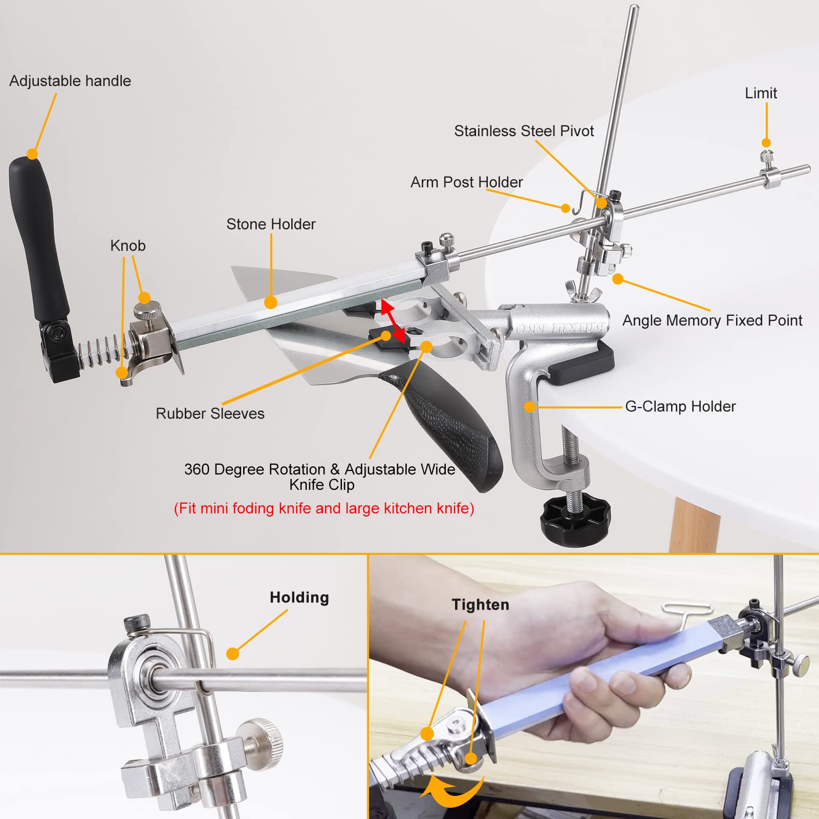 Professional Knife Sharpener With Whetstones, Stainless Steel Kitchen Knife Sharpening Kit Polishing Tool for Home, Clamping, Garden Knives/Blades