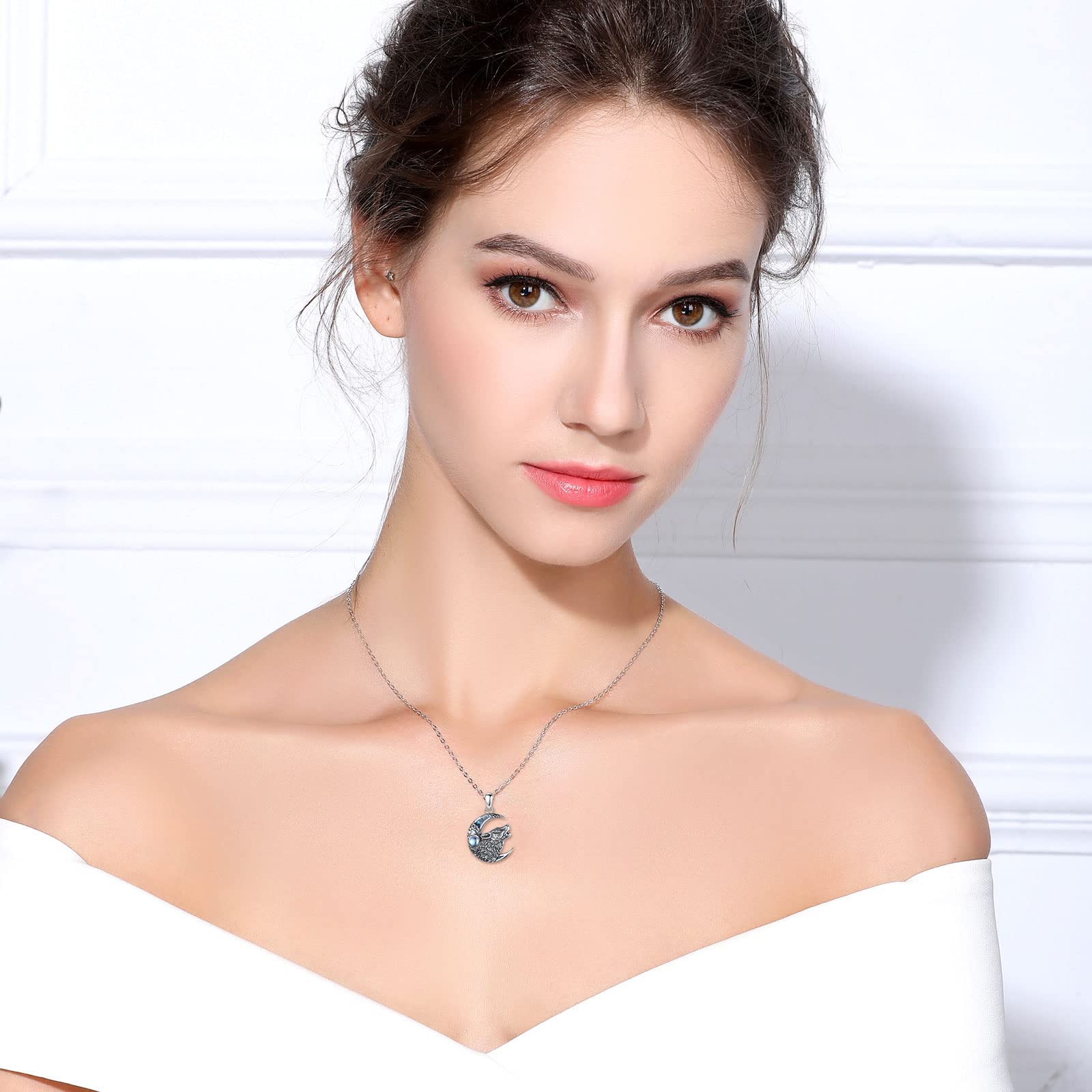 Vito Sterling Silver Wolf Moon Necklace for Women Men, Viking Wolf Moonstone Crescent Pendant Abalone Oxidized Jewelry Gifts, 18 Inch Chain