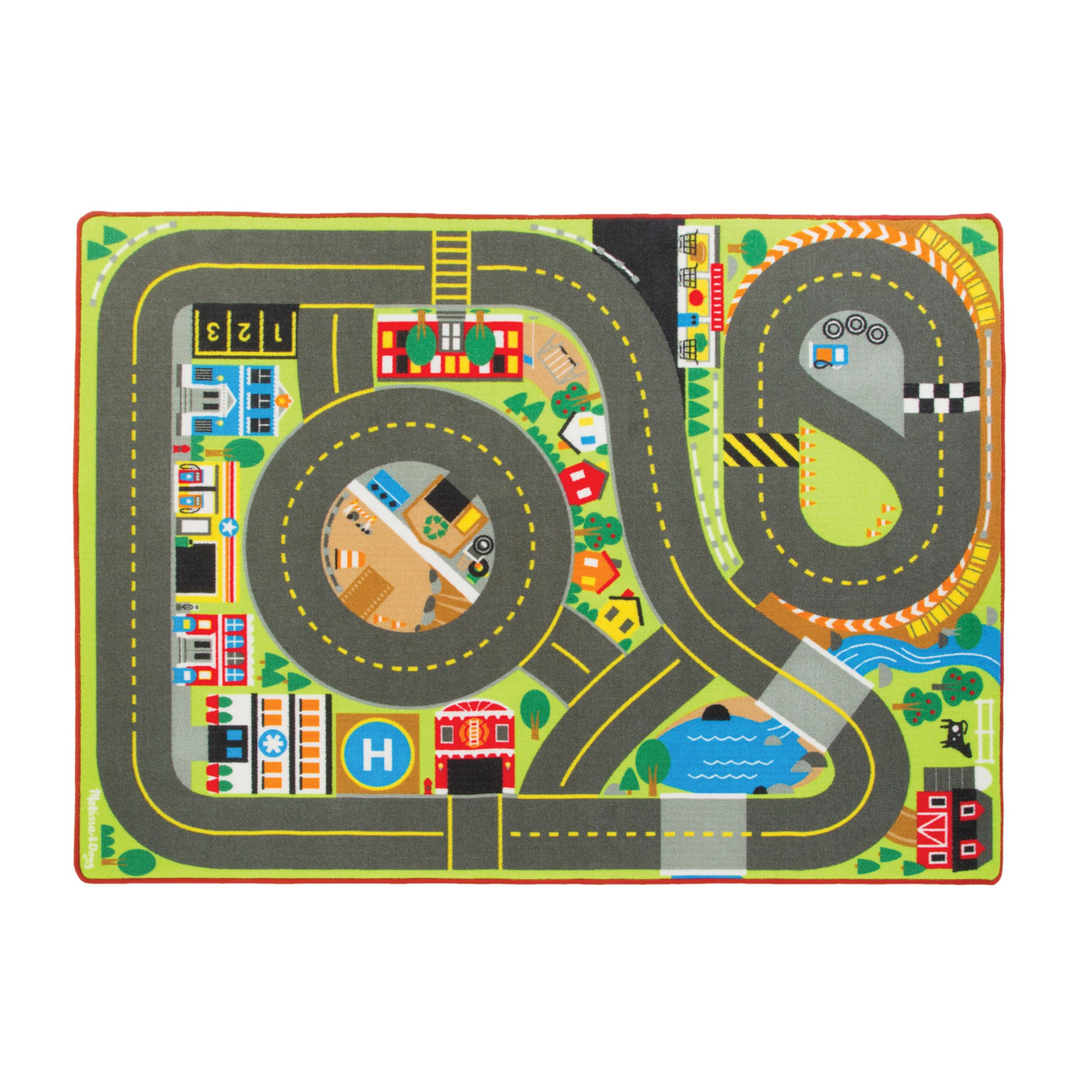 Melissa & Doug Jumbo Roadway Activity Rug, 4 Wooden Traffic Signs, 79"L X 60"W - Pretend Play Road Activity Rug