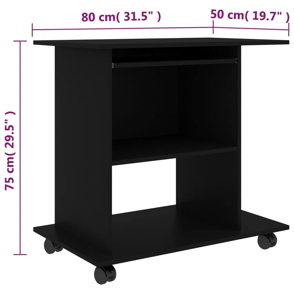 Modern Computer Desk,Small PC Laptop Table Writing Desk,31.5" Inch Mobile Rolling Portable Student Desk,with Smooth Keyboard Tray,Wheels and Bottom Shelves for Home Office Workstation,Black