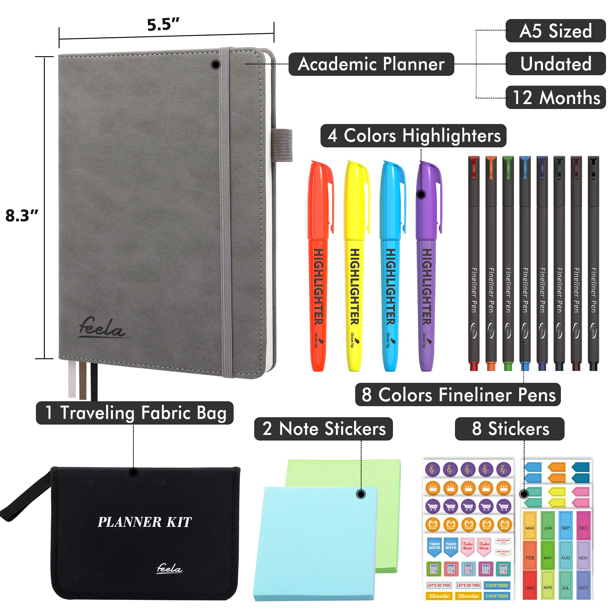 Undated Planner, 2024 Monthly & Weekly Academic Planner Kit, Feela A5 Daily Student Notebook, School Supplies with Highlighters, Note Stickers, Fineliner Pens, Lasts 1 Year, Gray
