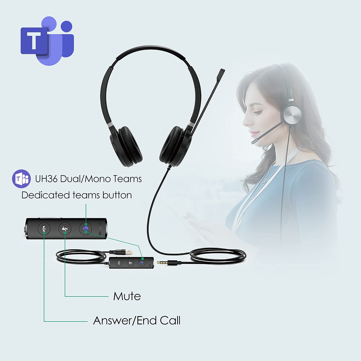 Yealink UH36 Professional Wired Headset - Telephone Headphones for Calls and Music, Noise Cancelling Headset with Mic for Computer PC Laptop(for Teams Optimized, Stereo,3.5mm Jack/USB Connection)