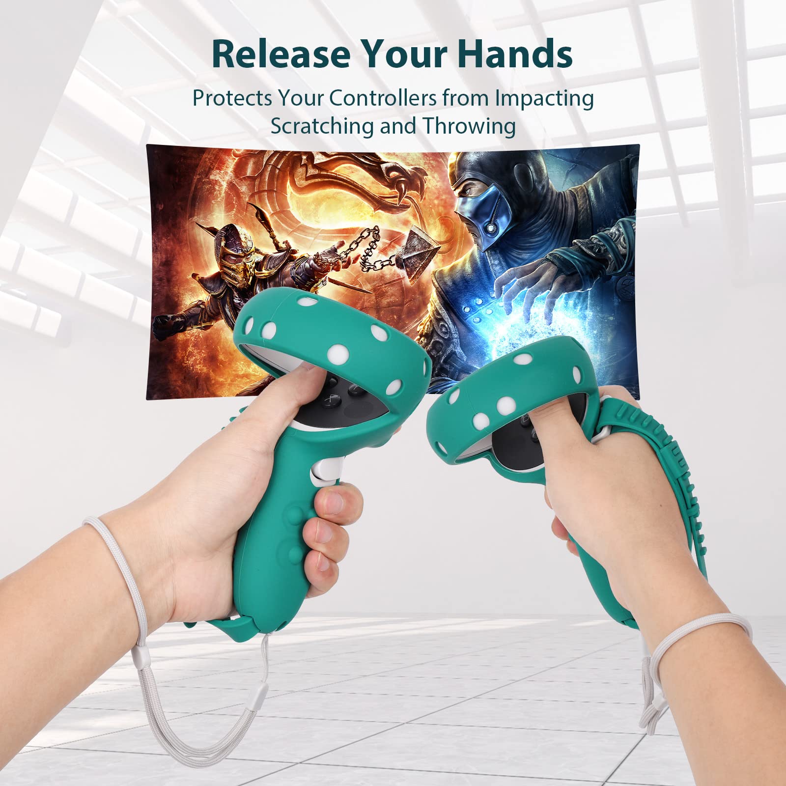 TAACOO Controller Grips Cover and 2 Rechargeable Batteries for Meta/Oculus Quest 2 Controllers, Extended Controller Grips with Battery Opening, 2 USB Rechargeable AA Batteries with 2-in-1 USB-C Cable (Peacock Blue)
