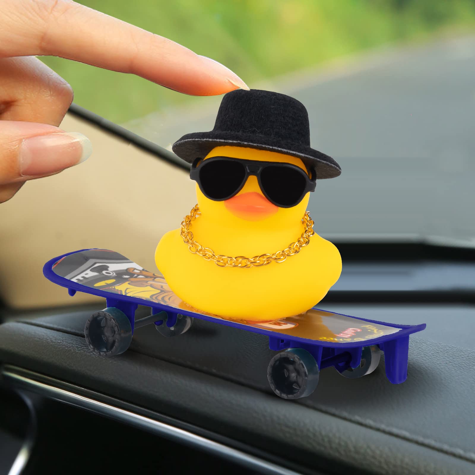 wonuu Car Duck Ornament Rubber Duck Car Dashboard Decoration for Car Dashboard Decoration Accessories with Mini Hat, Necklace, Sunglasses, Chair or Skateboard