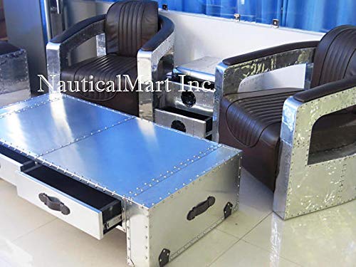 NauticalMart Vintage Aluminum Aviator Chair with Black Hawk Coffee Table Trunk Industrial Office & Home Furniture