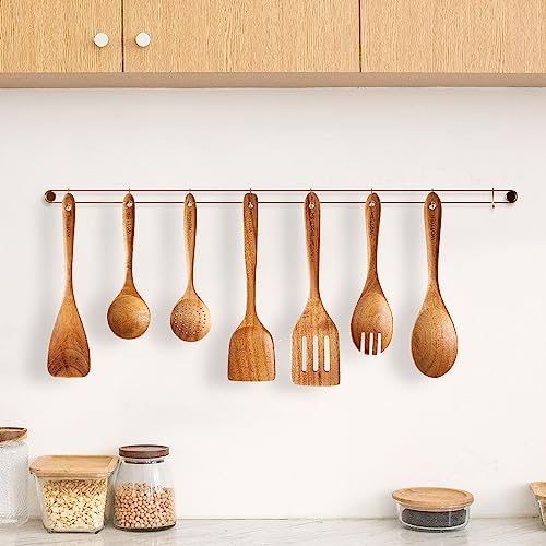 Natural Wood Kitchen Utensil Set - Spoons, Spatulas, Ladles, Strainer Spoon, Salad Fork, Mixing Spoon - with Spoon Rest (A07)