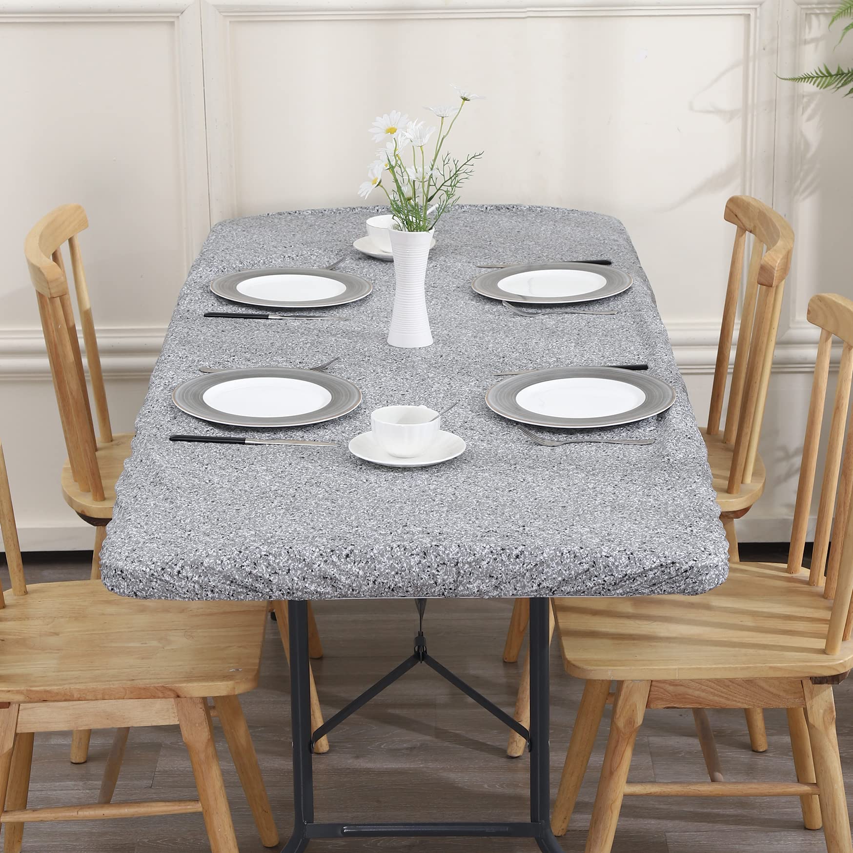 Tablecloth for Folding Table-Elastic Edged Flannel Backed Vinyl Fitted Table Cover Waterproof Oil-Proof PVC Table Cloth Stain-Resistant Wipeable (Gray Granite, 6Ft-30 x 72 Inch Rectangle Tight Fit)