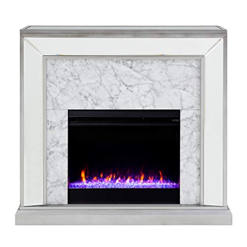 SEI Furniture Trandling Mirrored & Faux Marble Color Changing Electric Fireplace, Antique Silver-White Marble