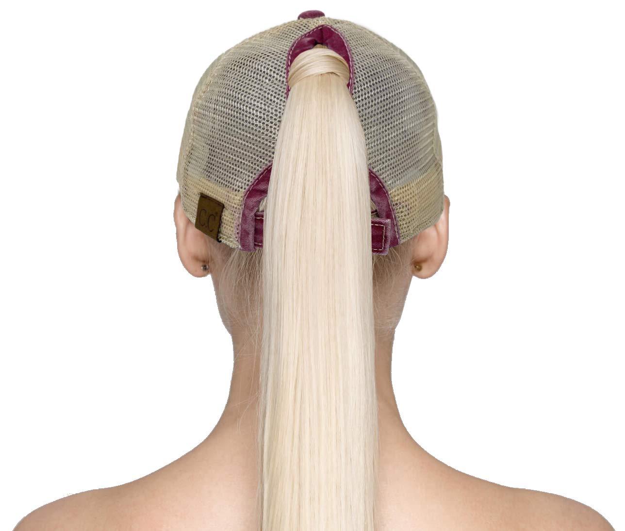 Ponytail Messy Bun Trucker Ponycap: Mesh - Burgundy w/Beige Mesh