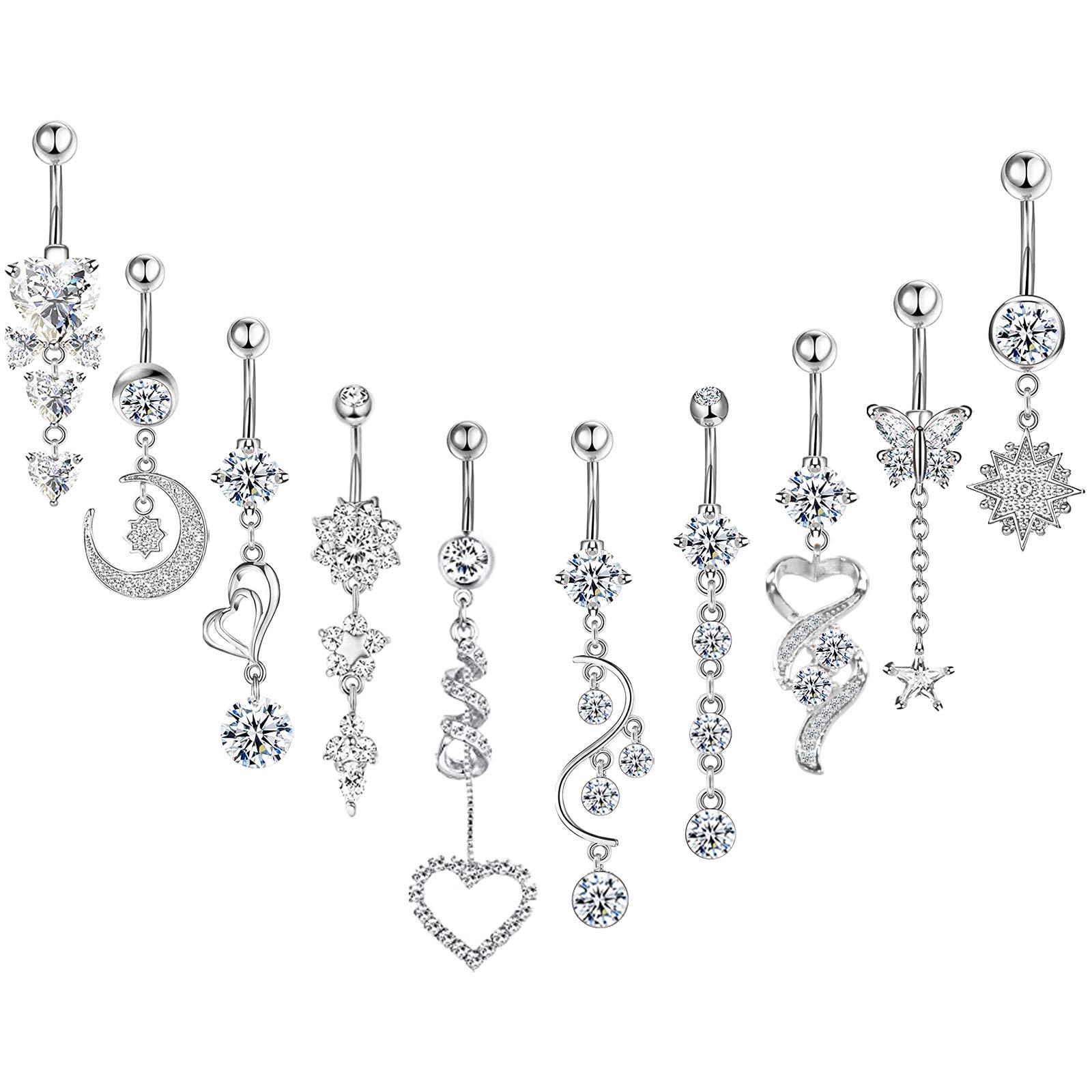 NEWITIN 10 Pieces 14G Belly Button Rings Dangle 316L Surgical Steel Navel Rings Cubic Zirconia Belly Piercing Jewelry Belly Dangle Rings for Women