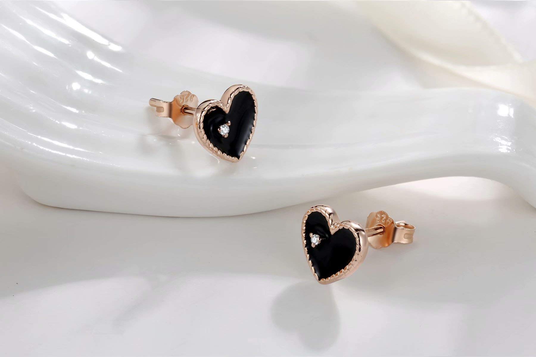 Qings Rose Gold Black Heart Stud Earrings 925 Sterling Silver Exquisite Sparkling Star Cubic Zircon as Birthday Gift for Women