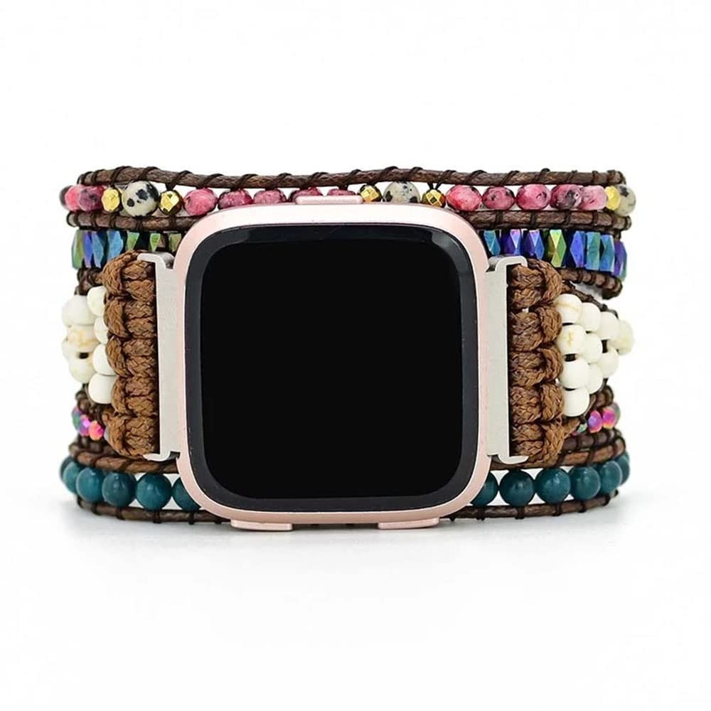 Somesame Compatible with Fitbit Versa/Versa 2/Versa Lite/Versa SE Bands Boho Beads Bracelets,Multilayer 5 Wraps Chakra Leather Handmade Braided Natural Stone Rope Watch Strap for Women Men