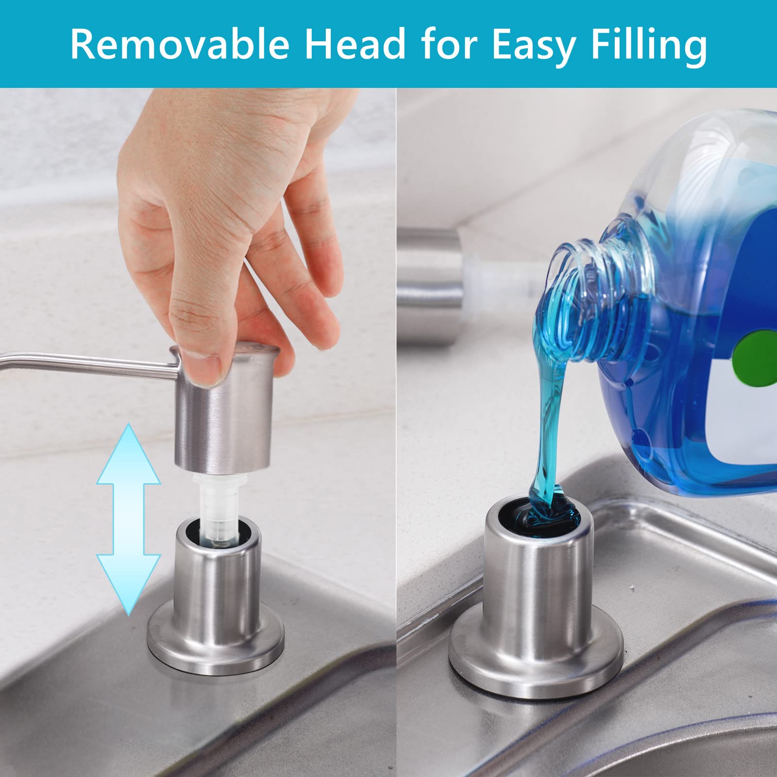Tiilan Built-in Soap Dispenser Pump for Kitchen Sink Set, Detergent Dispenser 17oz Bottle and 47.2-inch Extension Tube, Stainless Steel Pump, Brushed Nickel