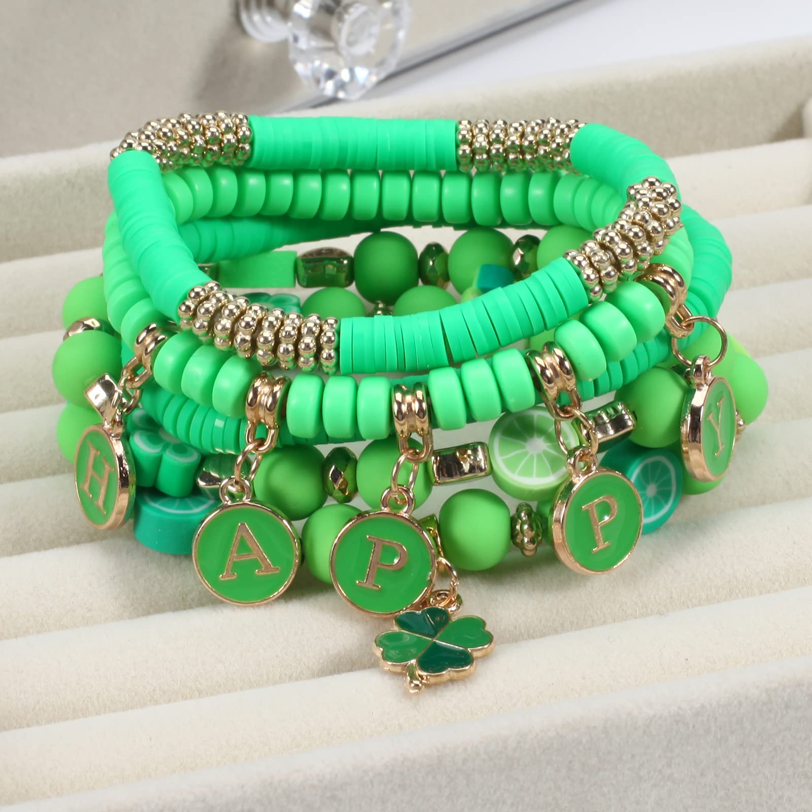 Twinfree St. Patrick's Day Bracelets for Women Stretch Stackable Green beads Bracelet with Shamrock HAPPY Letters