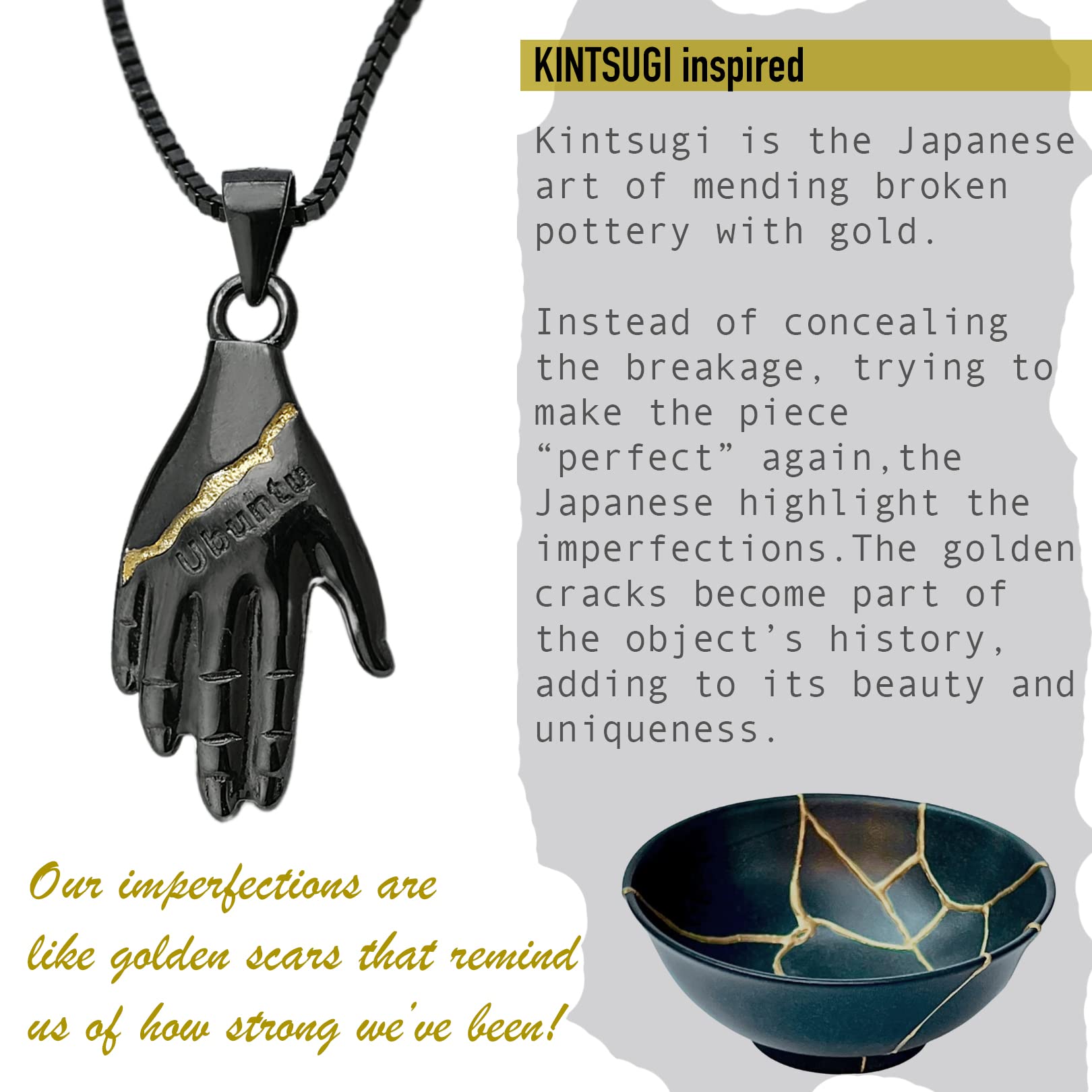 Verba Creations Ubuntu Kintsugi Reversible Pendant - Easily Adjustable Handmade Necklaces in Rhodium Plated 925 Sterling Silver