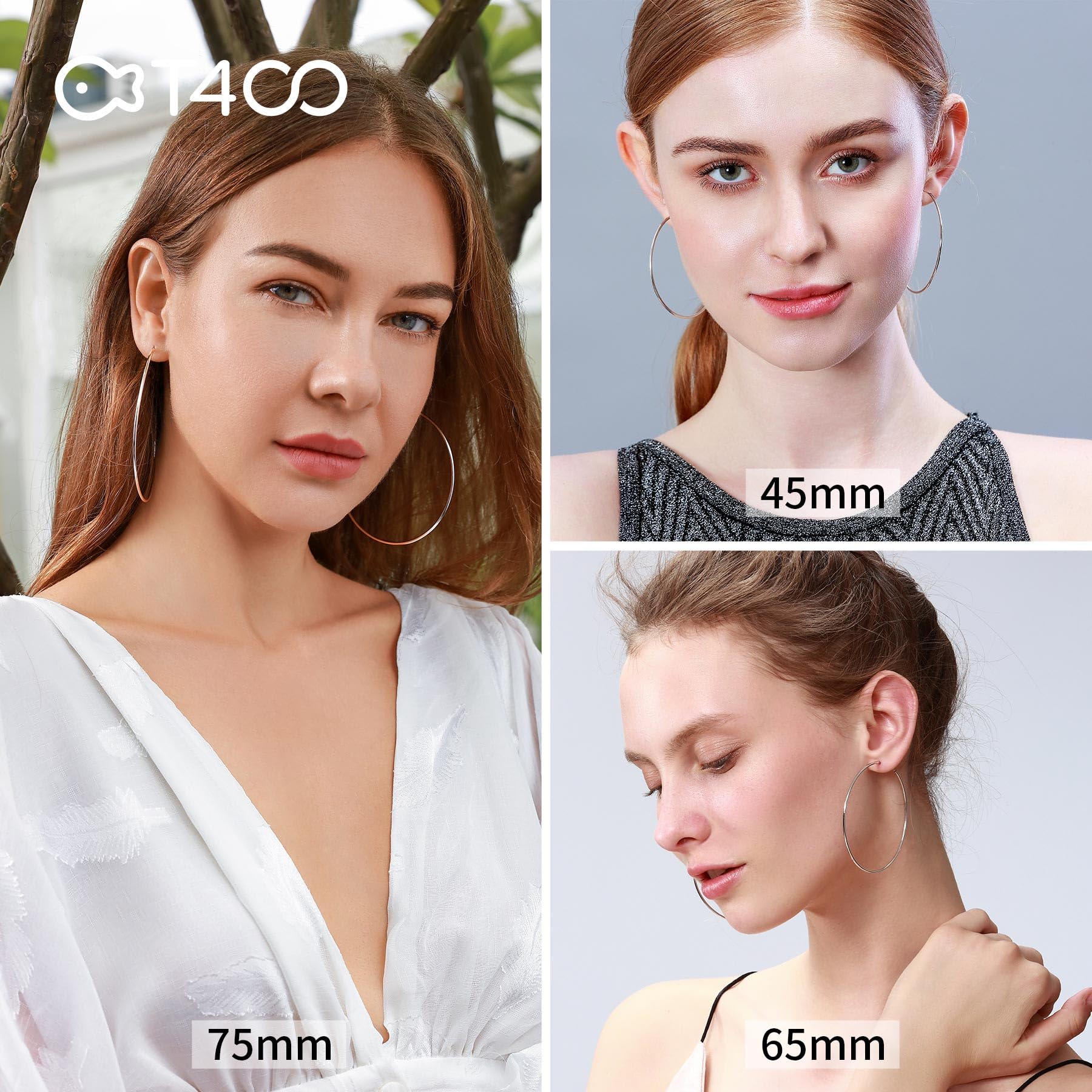 T400 925 Sterling Silver Hoop Earrings Large Thin Lightweight Round Hoops for Women 75mm