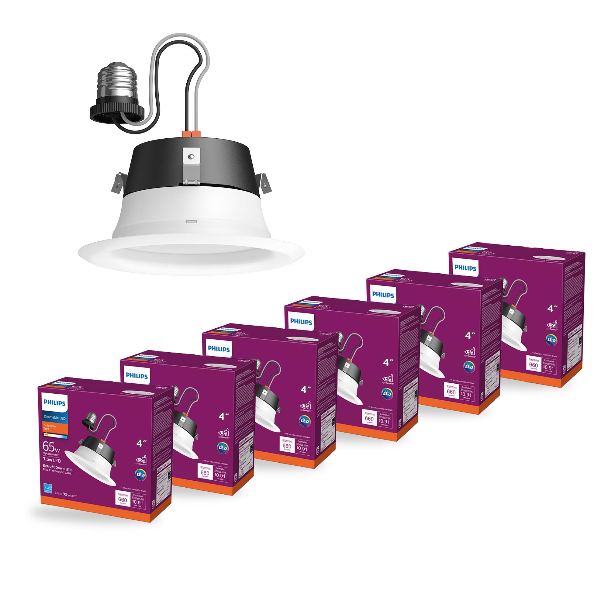 PHILIPS LED 802645 Dimmable 4” Downlight Flicker-Free Recessed Lighting with EyeComfort Technology: 660-Lumens, 2700K, 7.5 (65-Watt Equivalent), E26 Base, Soft White, 6-Pack, Title 20 Compliant
