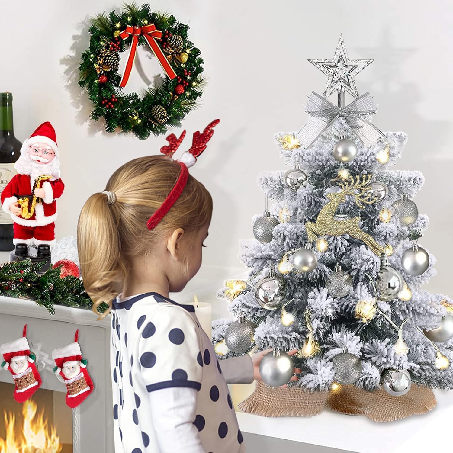Mini Christmas Tree with Lights,24In/2ft Snow Flocked Pre-lit Tabletop Christmas Tree with 19 Decorations,Artificial Small Christmas Tree -for Table Desk Home Christmas DIY Decor