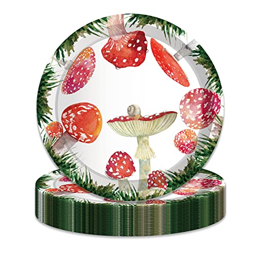 OXYLIPO 7" Red Mushroom Paper Plates Celebrate Party Tableware Round Disposable Dinner Paper Plates Set Red Mushroom Theme Party Paper Plates Festival Party Supplies, Pack of 24