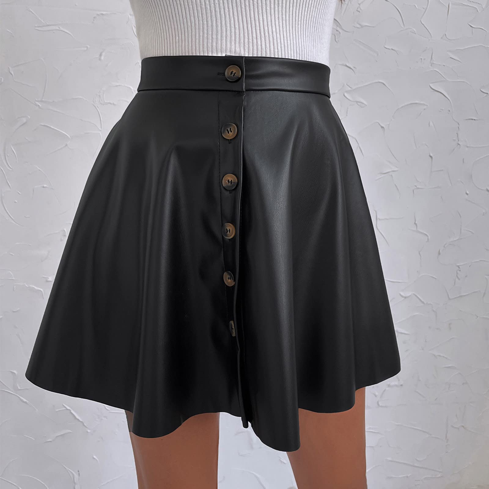 Tenworld Long Sleeve Women's Sexy Skirt High Waist Button Front Corduroy Flare Lattice Printed A Line Short Mini Elegant Black