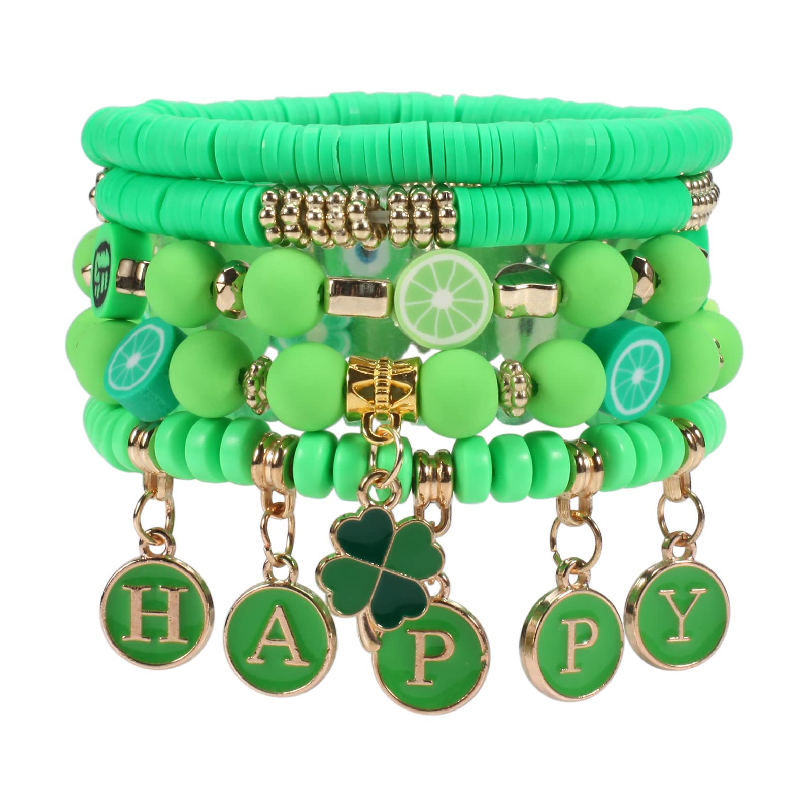Twinfree St. Patrick's Day Bracelets for Women Stretch Stackable Green beads Bracelet with Shamrock HAPPY Letters