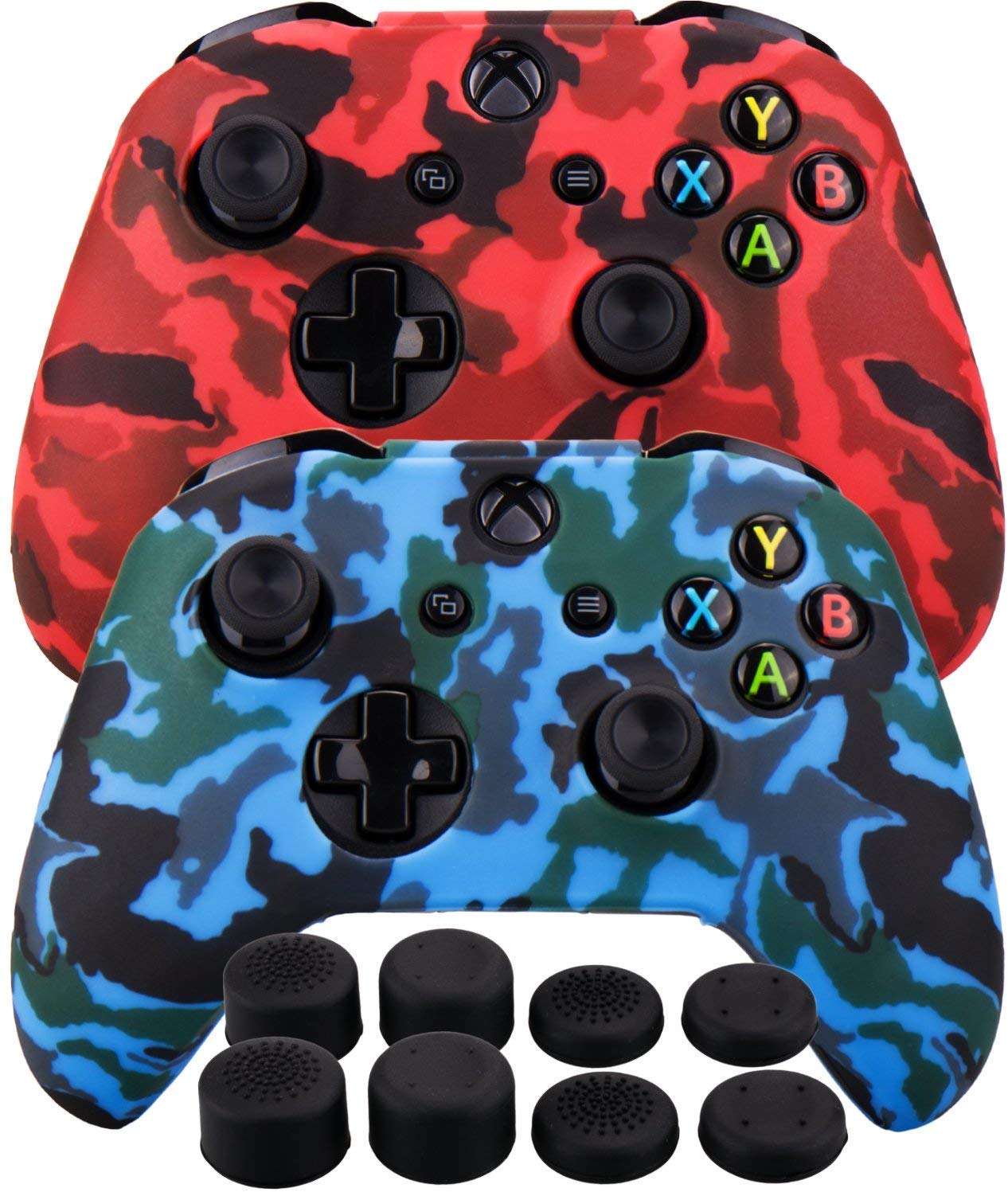 MXRC Silicone Rubber Cover Skin case Anti-Slip Water Transfer Customize Camouflage for Xbox One/S/X Controller x 2(red & Blue) + FPS PRO Extra Height Thumb Grips x 8