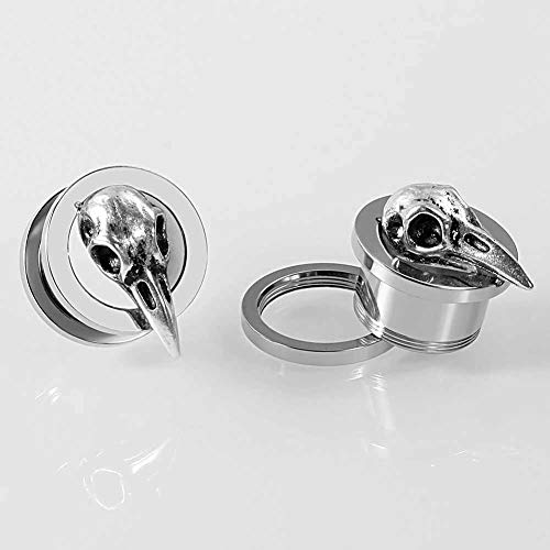 So Scene raven skull screw back plugs ear gauges stainless steel (silver, 10mm -00 gauge)