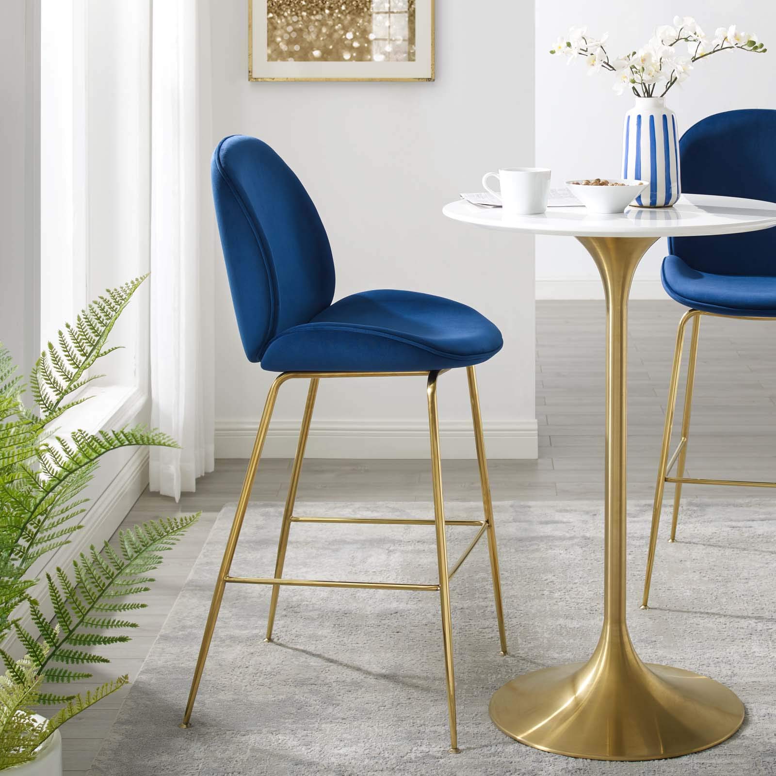 Modway Scoop Performance Velvet Dining Bar Stool with Gold Stainless Steel Metal Base in Navy