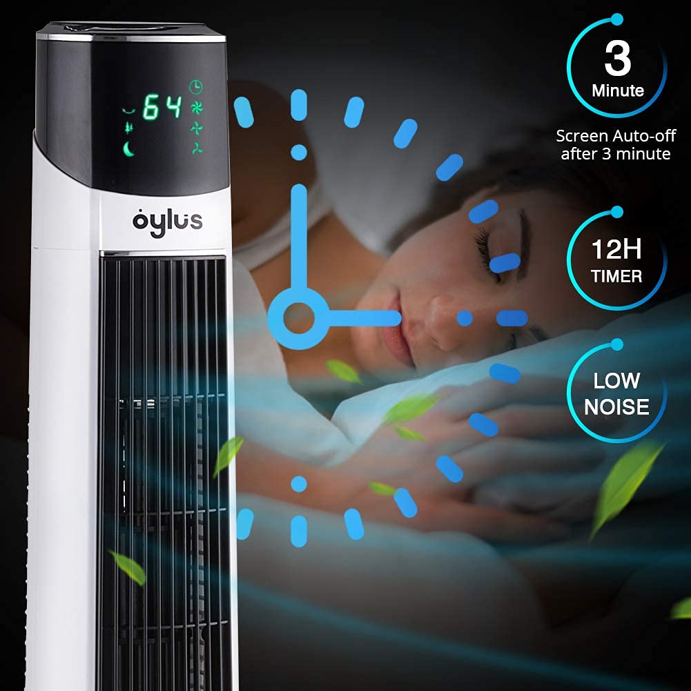 OYLUS 48’’ Tower Fan Portable With Remote Control Oscillating Quiet, 3 Speed Settings Nature & Sleeping Mode 12H Timer for Rooms, Office, White