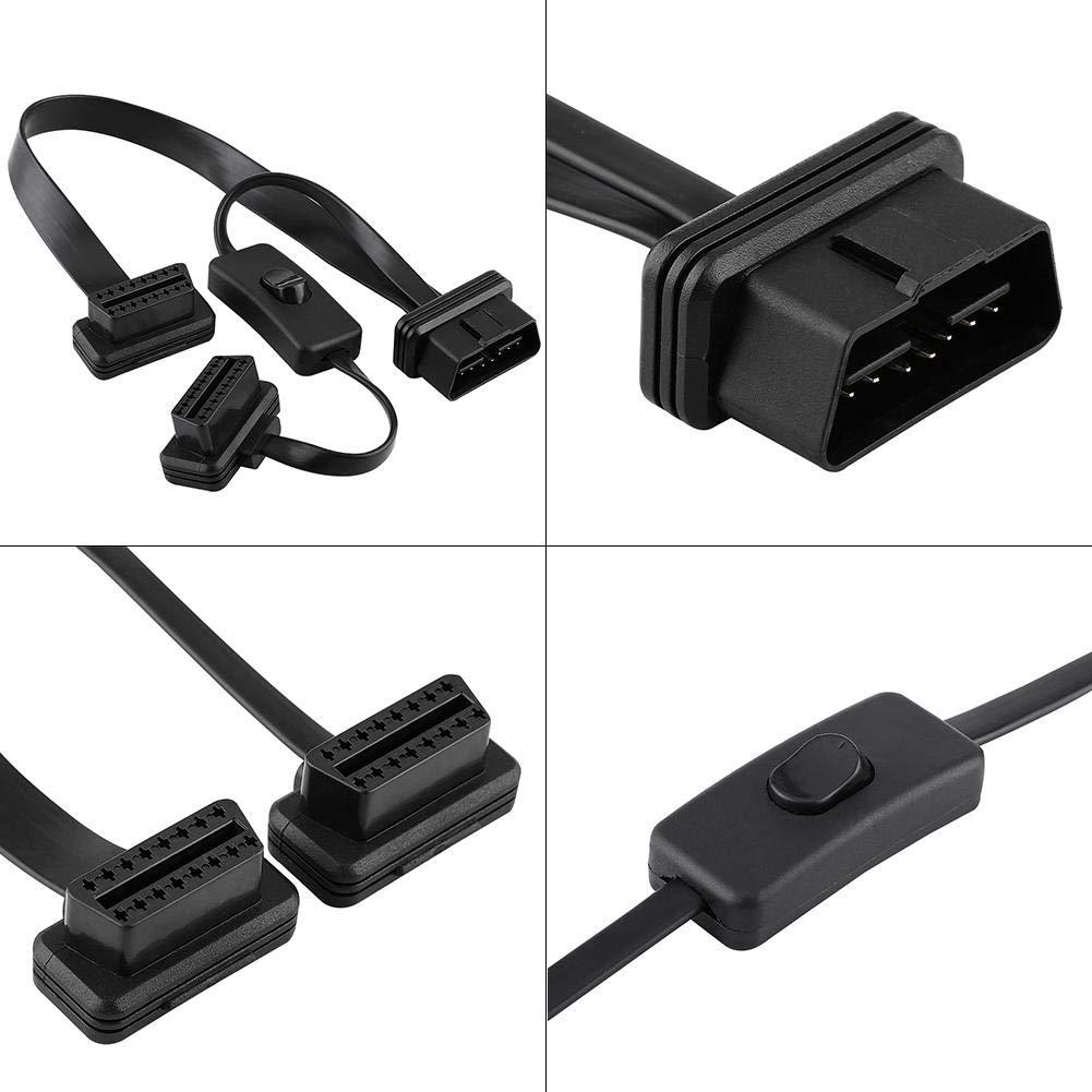 OBD2 Cable, 16 Pin Male to Dual Female OBD2 Splitter Flat Extension Cable Adapter with Switch