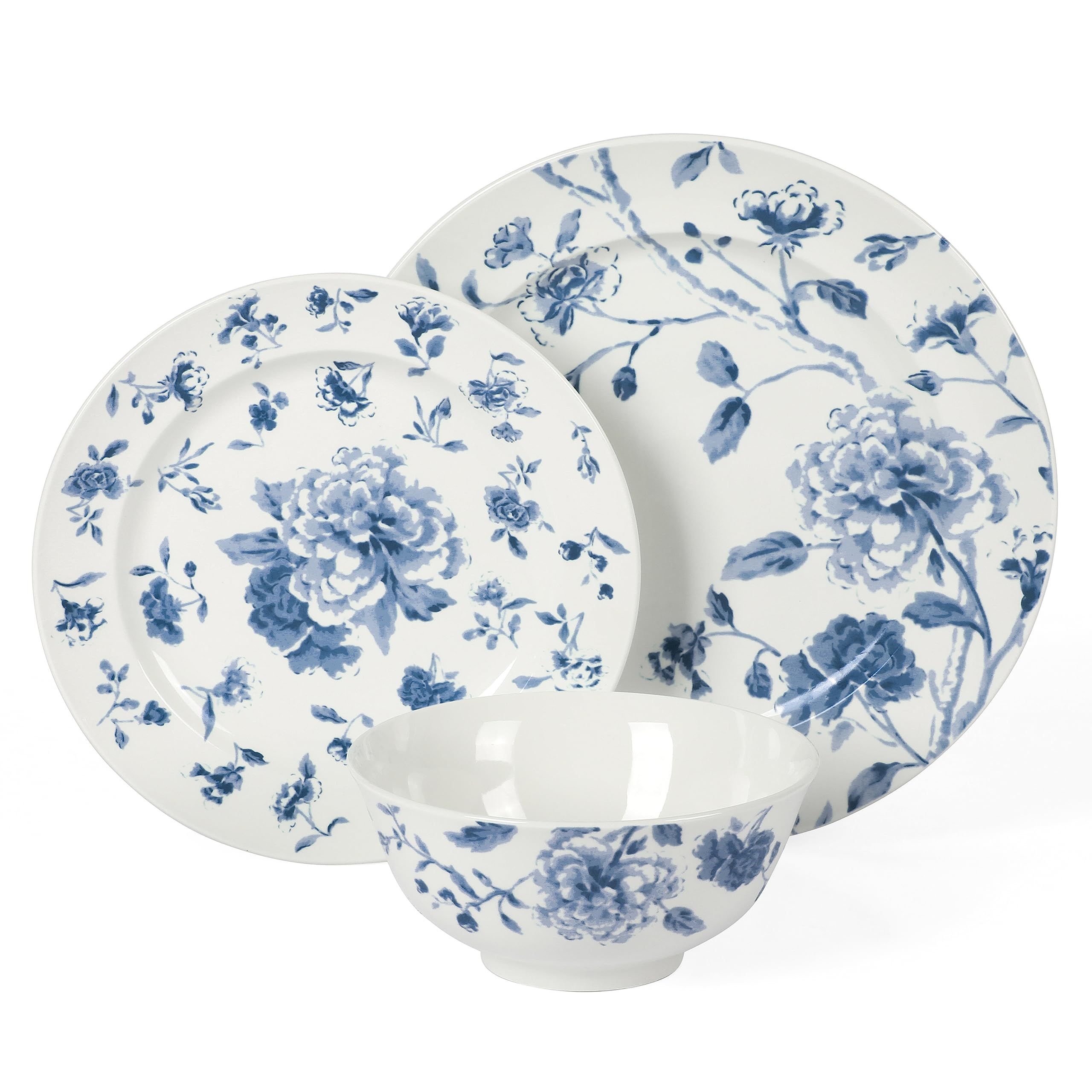 Martha Stewart Empress Bouquet Decorated Porcelain Dinnerware Plates and Bowls Set - Blue Floral, Service for 4 (12pcs)