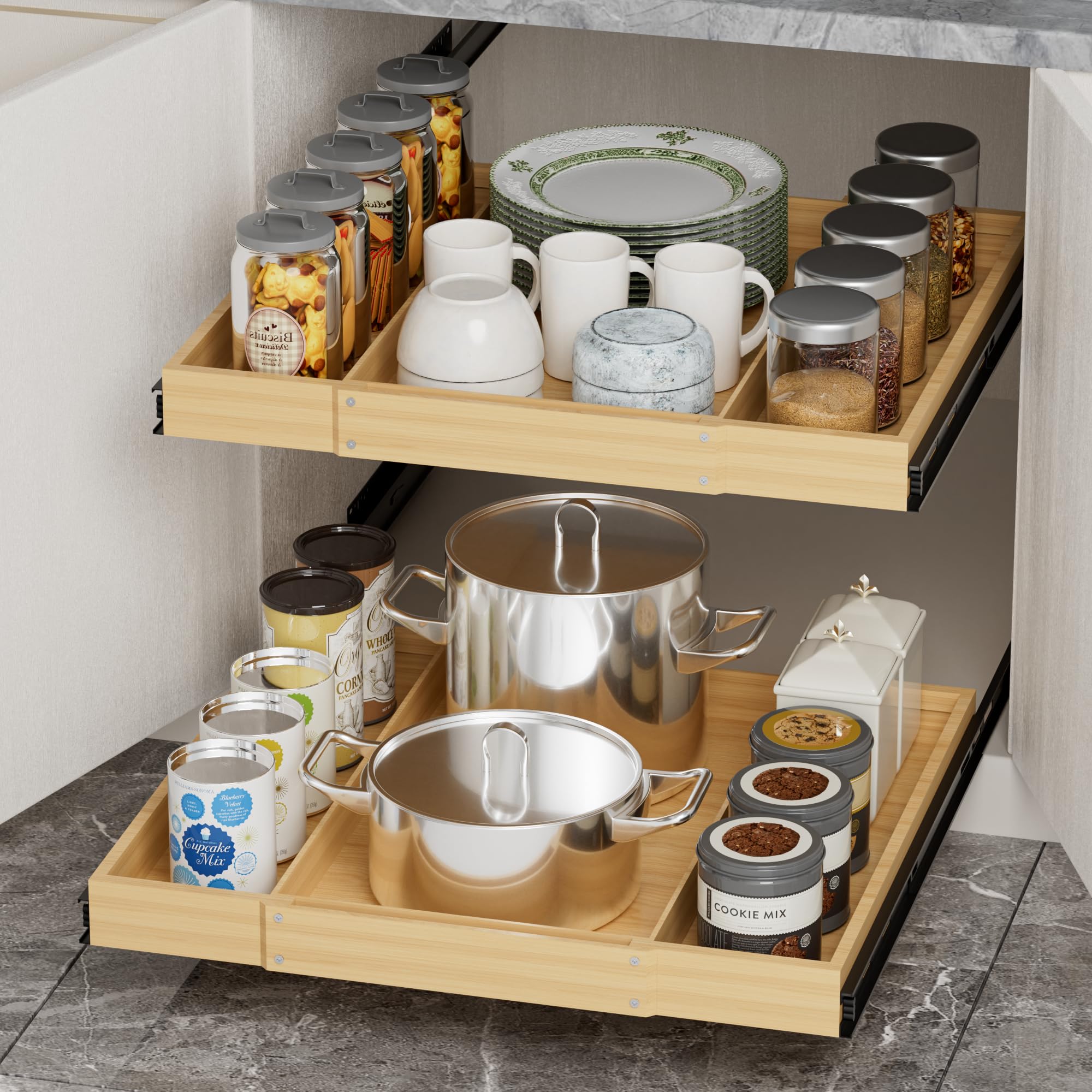 Redrubbit Pull Out Cabinet Organizer, Smooth Roll Expandable Slide Out Storage Drawer, Banboo Slide Out Kitchen Cabinet Organizer Storage Shelf,1 Pack
